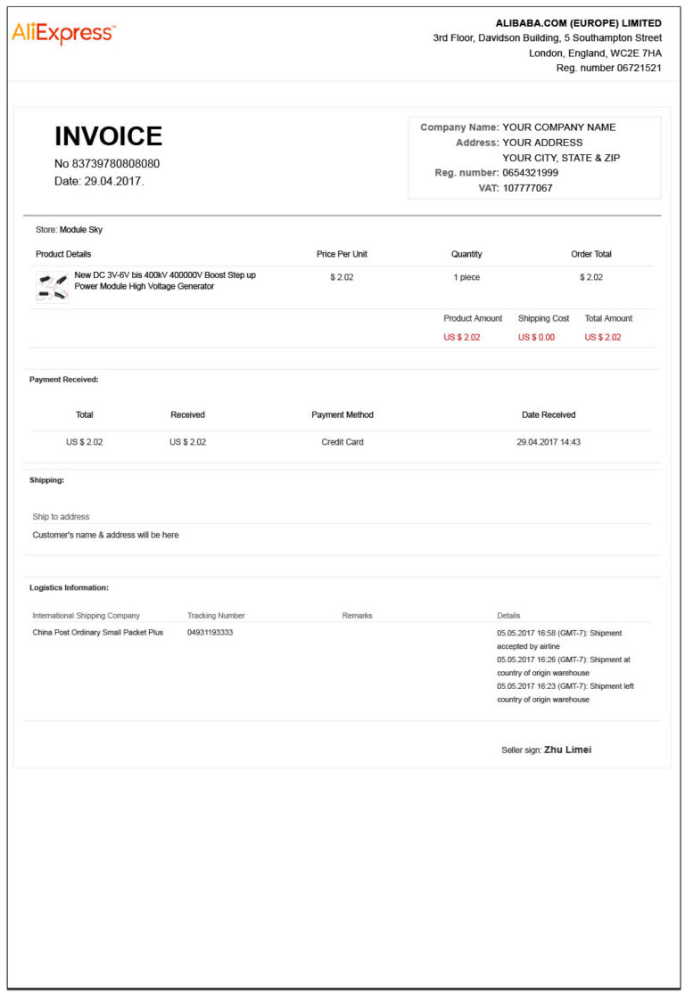 Ali Invoice - Final Result - Dropshipping Store